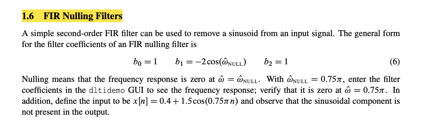 1.6 FIR Nulling Filters A simple second-order FIR | Chegg.com
