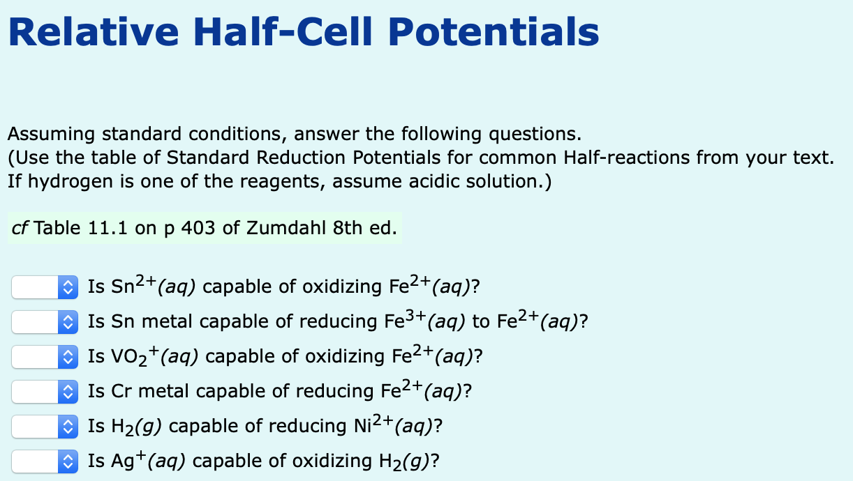 Solved Relative Half-Cell Potentials Assuming standard | Chegg.com