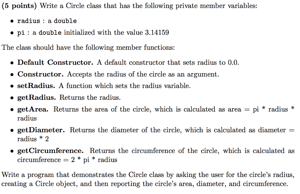 Solved (5 points) Write a Circle class that has the | Chegg.com