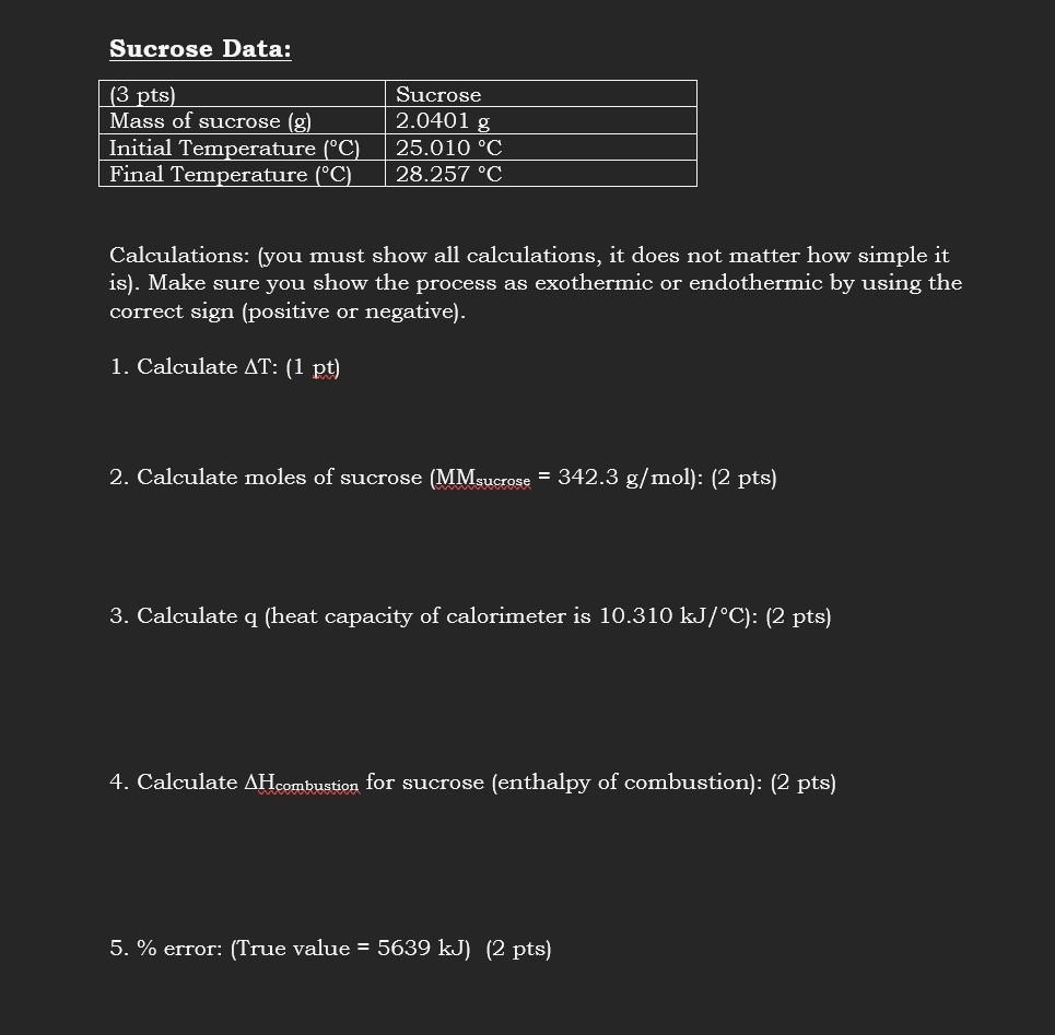 Solved Sucrose Data: (3 pts) Mass of sucrose (g) Initial | Chegg.com