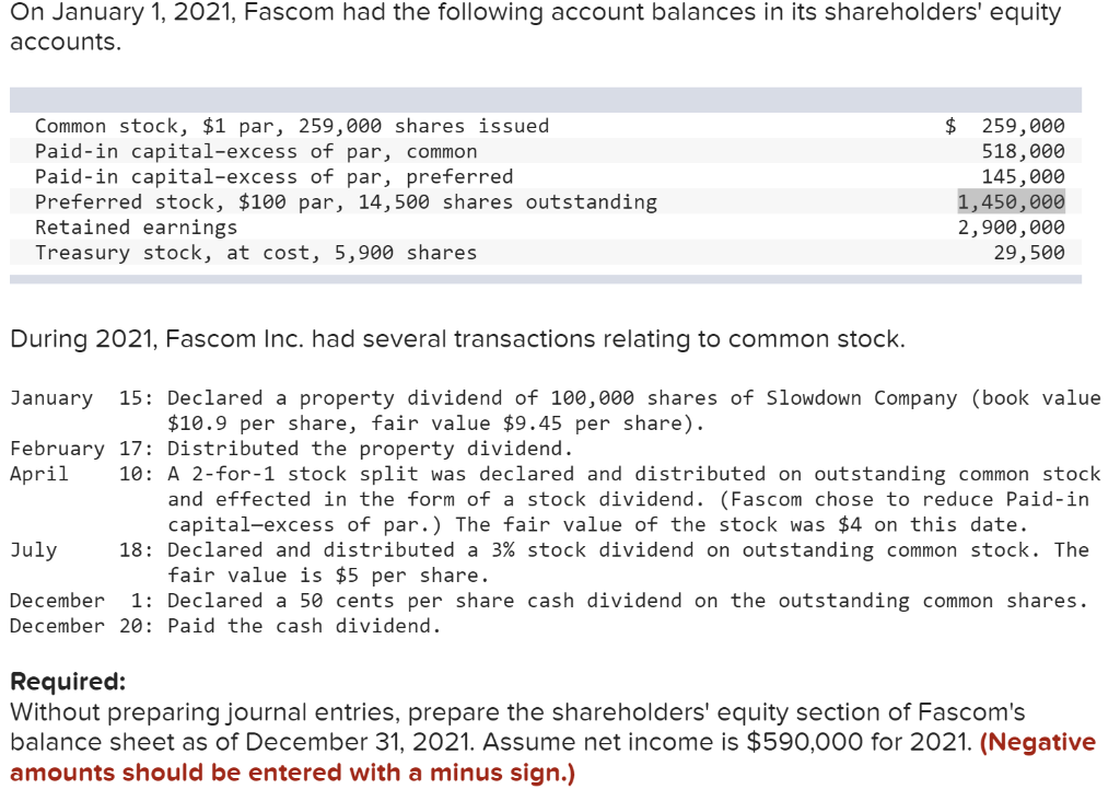 Solved On January 1, 2021, Fascom had the following account | Chegg.com