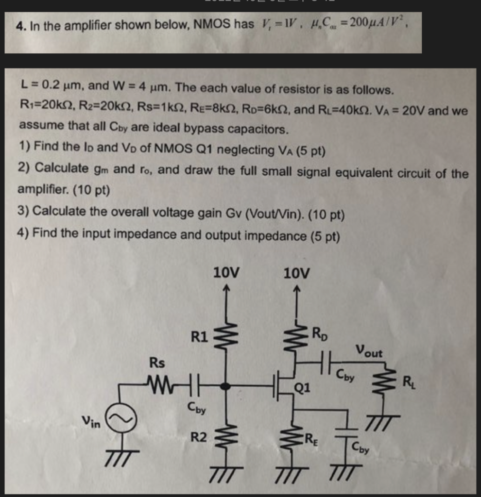 Solved 4. In the amplifier shown below, NMOS has Vt=1 | Chegg.com