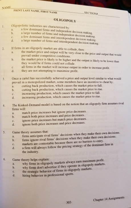 Solved NAME PRINT LAST NAME, FIRST NAME SECTION# OLIGOPOLY | Chegg.com