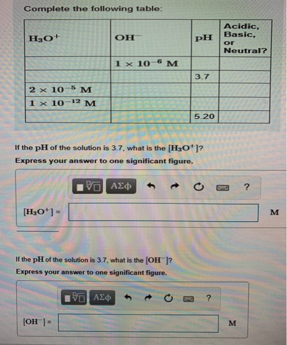 Solved Complete the following table Acidic, Basic H3O OH PH | Chegg.com