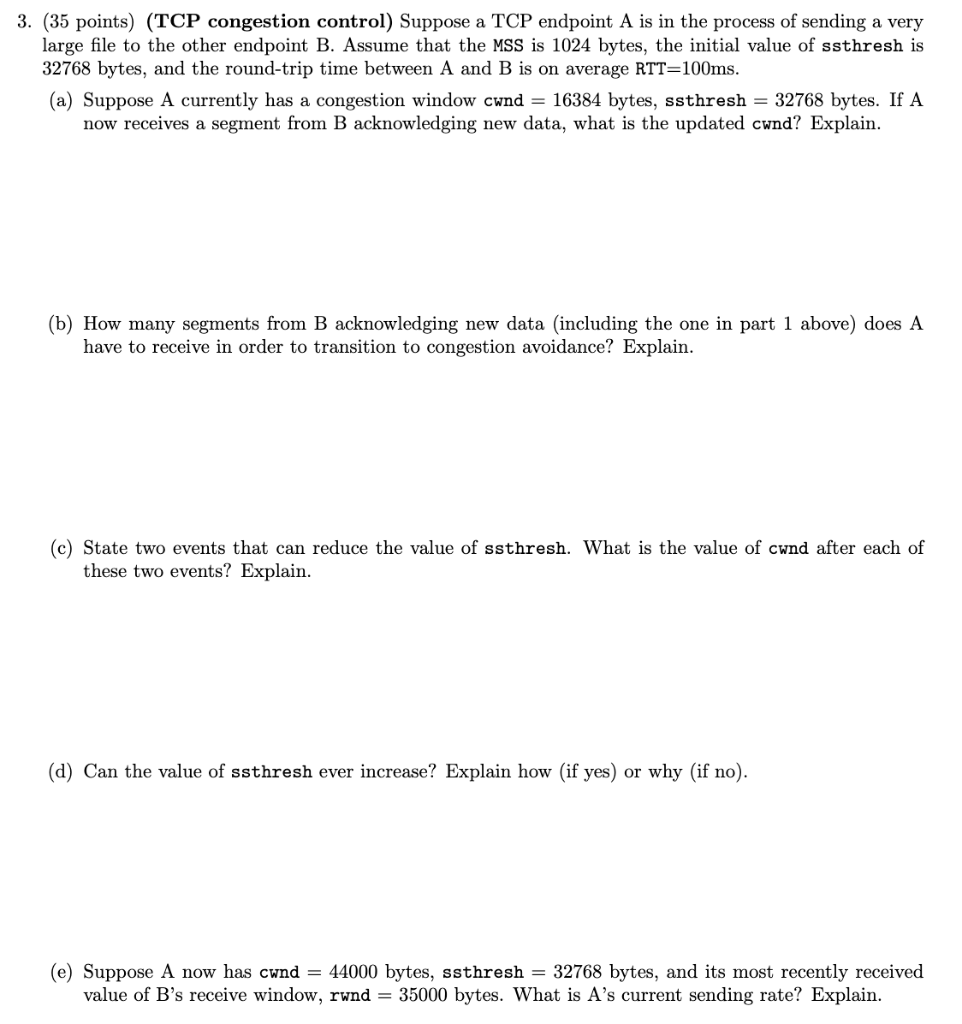3. (35 points) (TCP congestion control) Suppose a TCP | Chegg.com