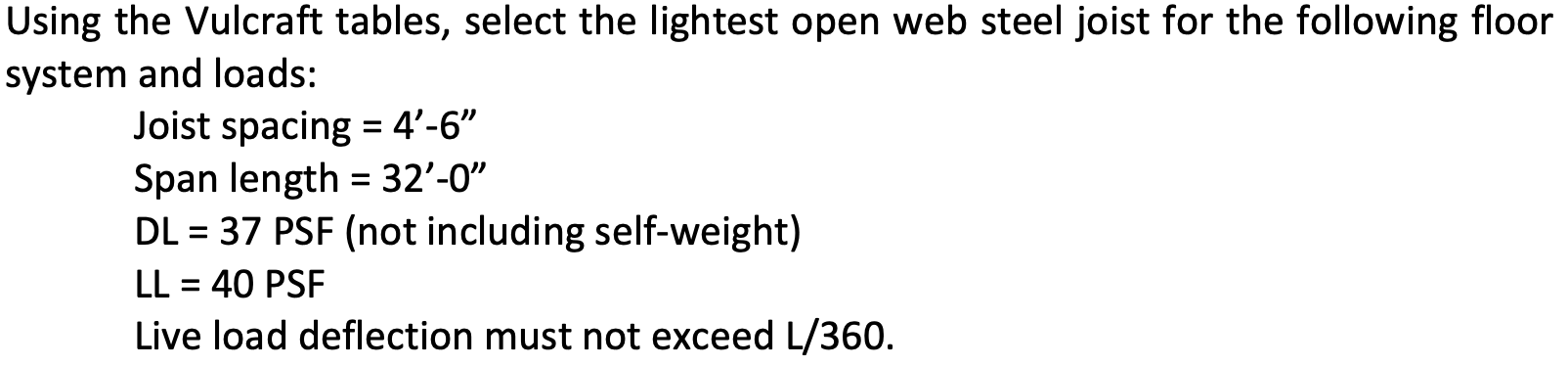 Solved Using the Vulcraft tables, select the lightest open | Chegg.com