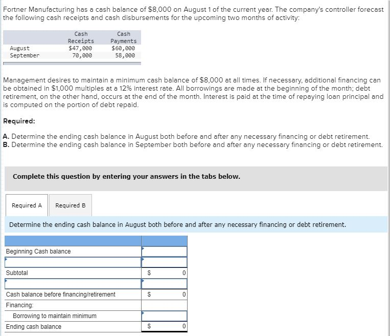 Solved Fortner Manufacturing has a cash balance of $8,000 on | Chegg.com