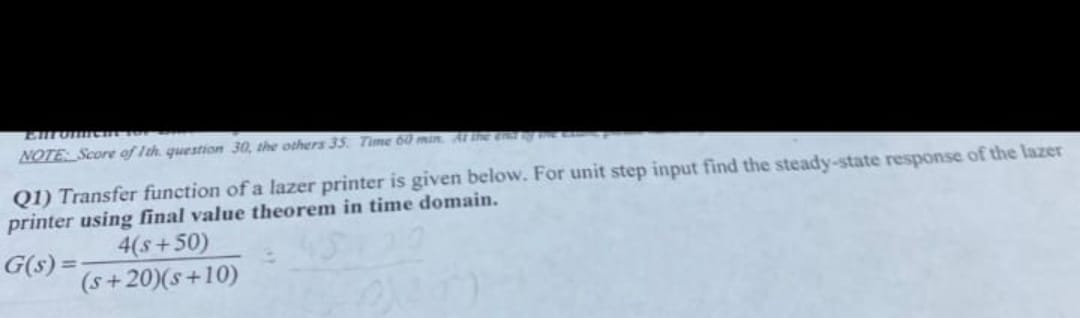 Solved Q1) ﻿Transfer function of a lazer printer is given | Chegg.com