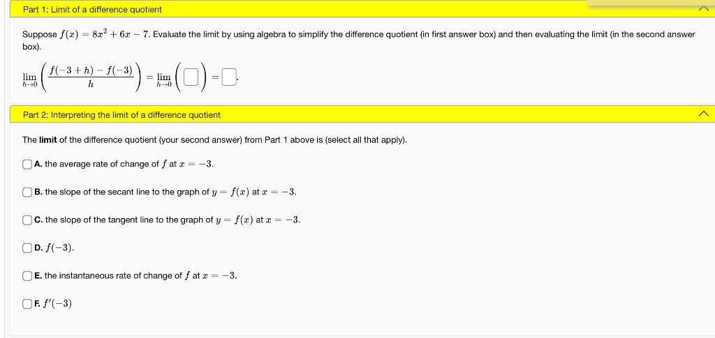 Solved Part 1: Limit of a difference quotient Suppose f(x) = | Chegg.com