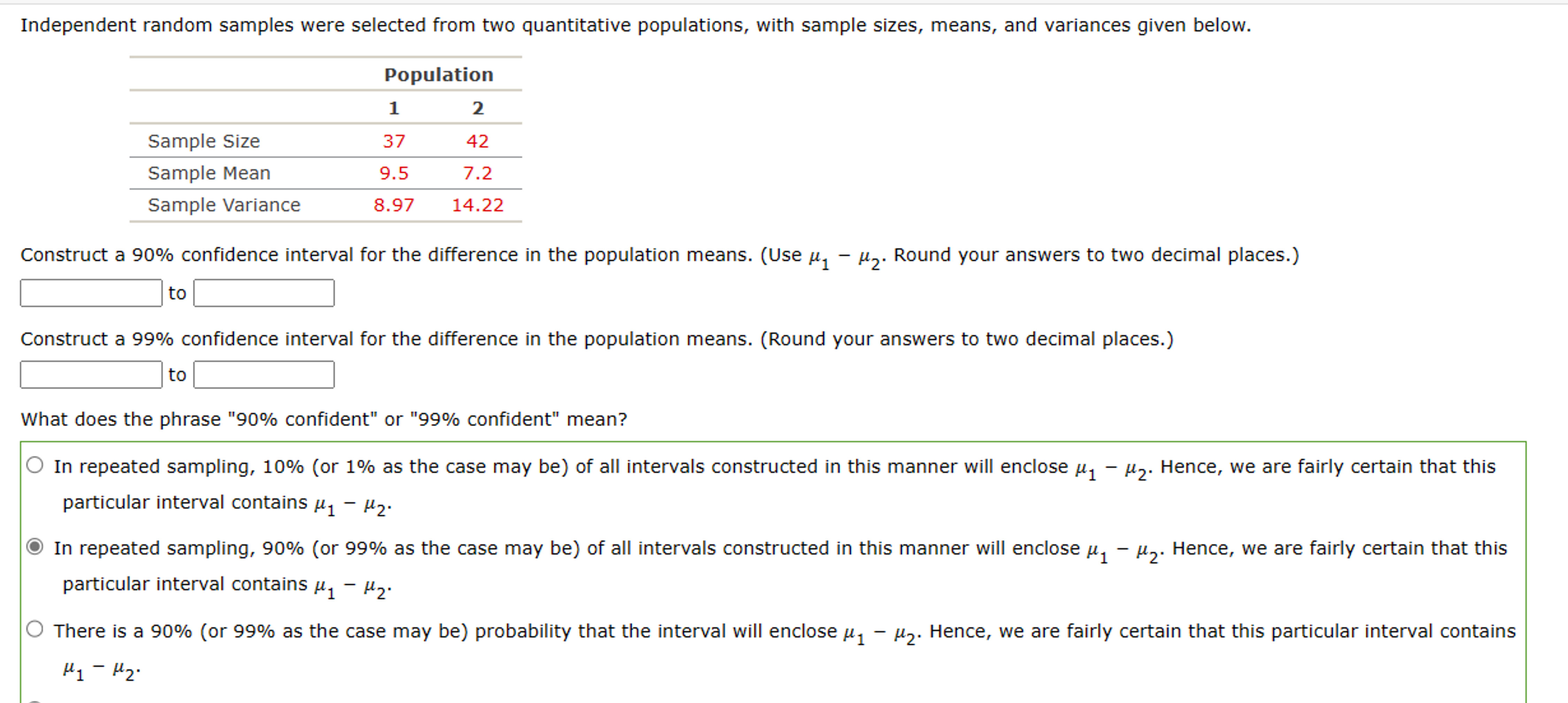 Solved Independent random samples were selected from two | Chegg.com