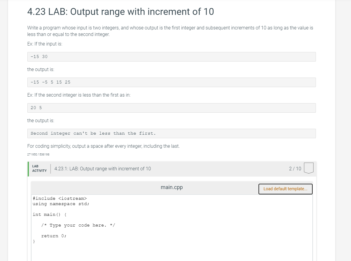 Solved 4.23 LAB: Output range with increment of 10 Write a | Chegg.com