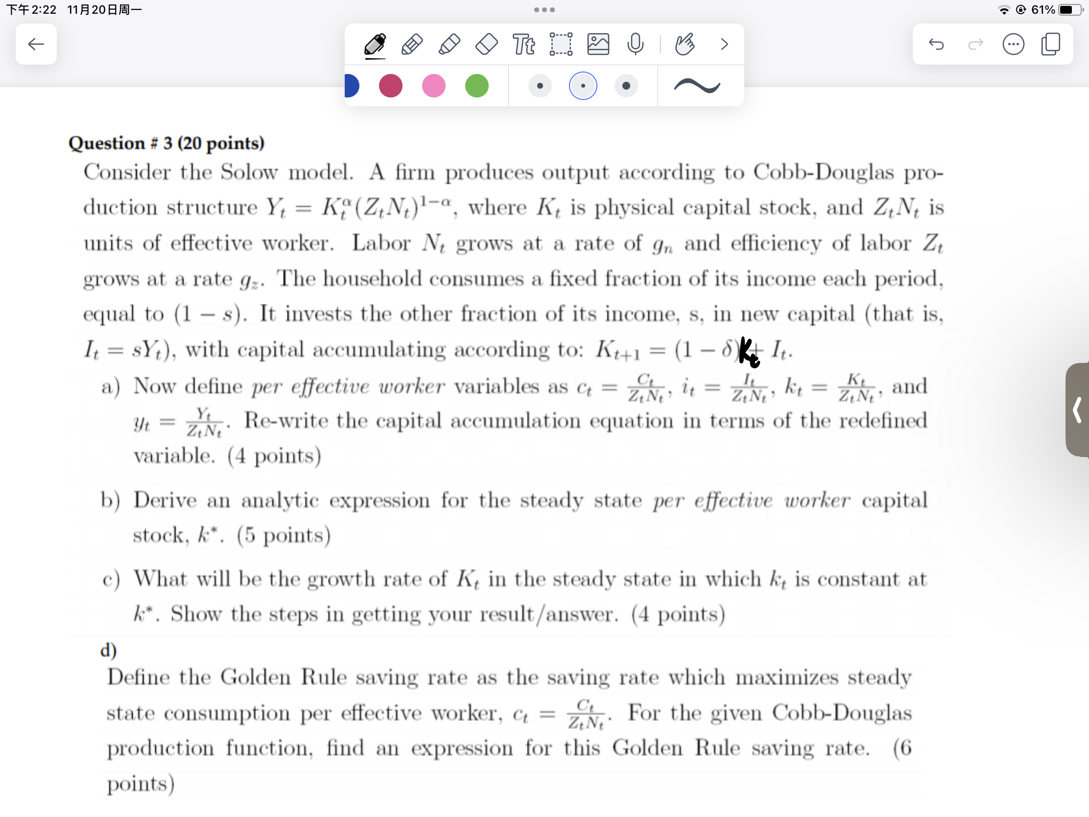 Solved Question #3 (20 ﻿points)Consider the Solow model. A | Chegg.com