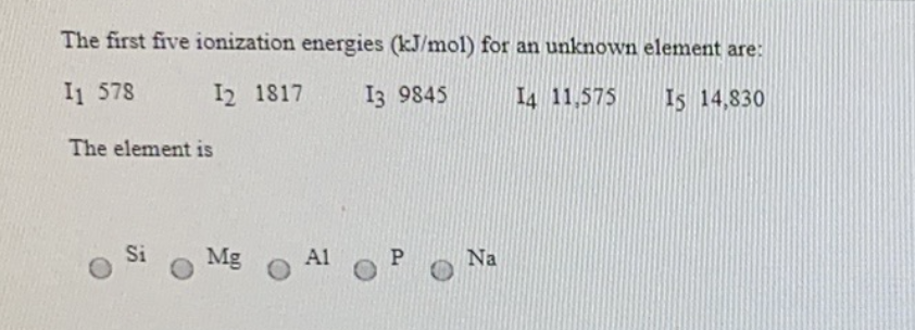 Solved The first five ionization energies (kJ/mol) for an | Chegg.com