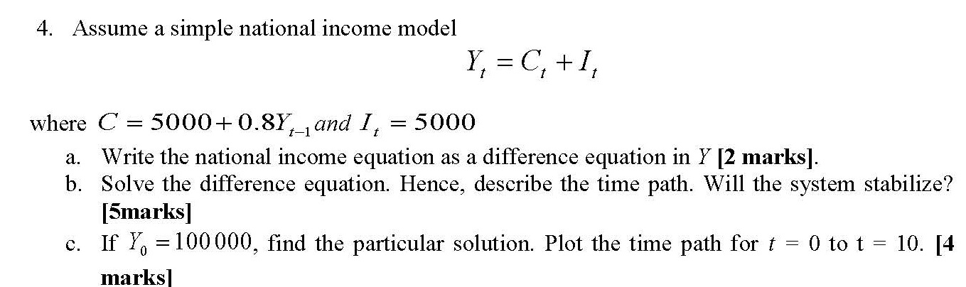 Solved 4. Assume a simple national income model Y, =C, +1, | Chegg.com