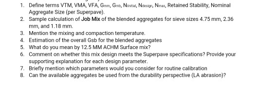 Solved 1. Define terms VTM, VMA, VFA, Gmm, Gmb, Nintal, | Chegg.com