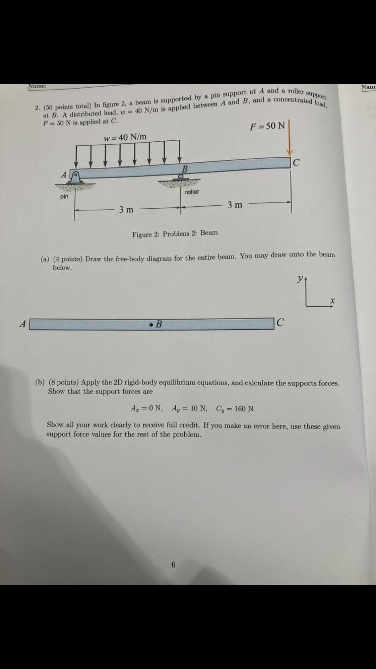 Solved Name: 2. (50 points total) In figure 2, a beam is | Chegg.com