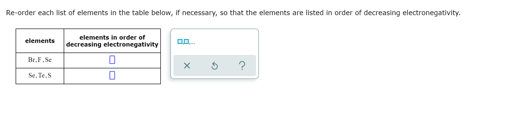 Solved Re-order each list of elements in the table below, if | Chegg.com