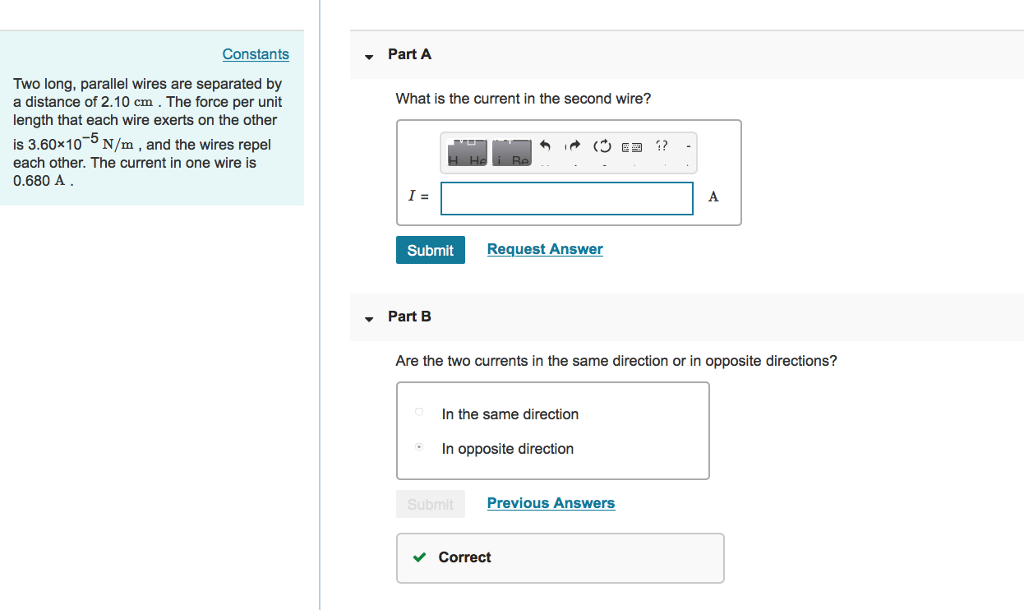 Solved Constants Part A Two long, parallel wires are | Chegg.com Solved Constants Part A Two long, parallel wires are | Chegg.com