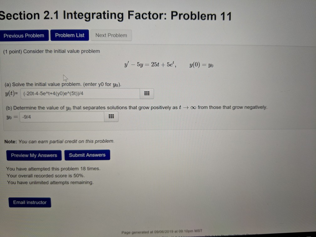 Solved Section 2.1 Integrating Factor: Problem 11 Previous | Chegg.com