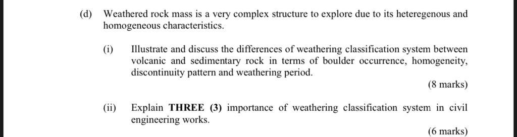 Solved (d) Weathered rock mass is a very complex structure | Chegg.com
