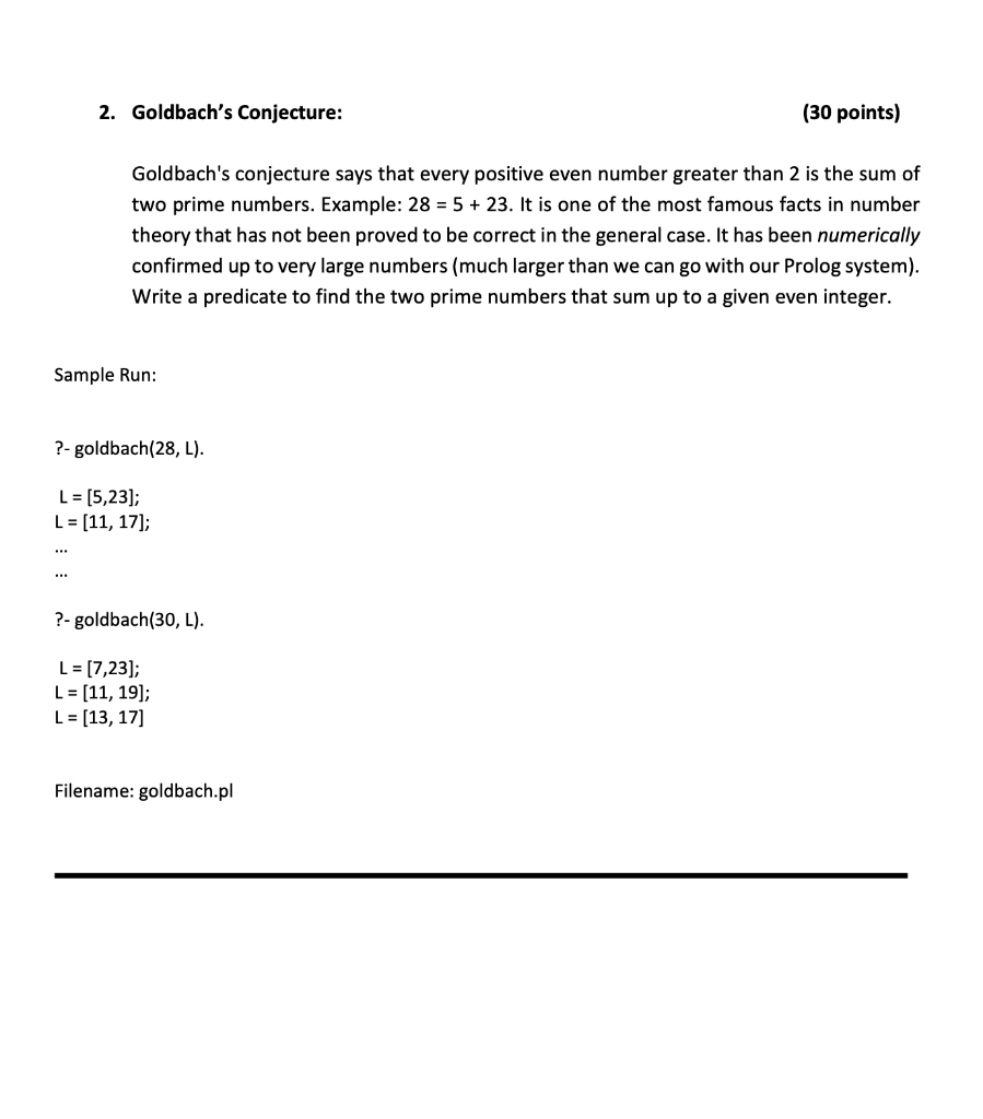 2. Goldbach's Conjecture: (30 points) Goldbach's | Chegg.com
