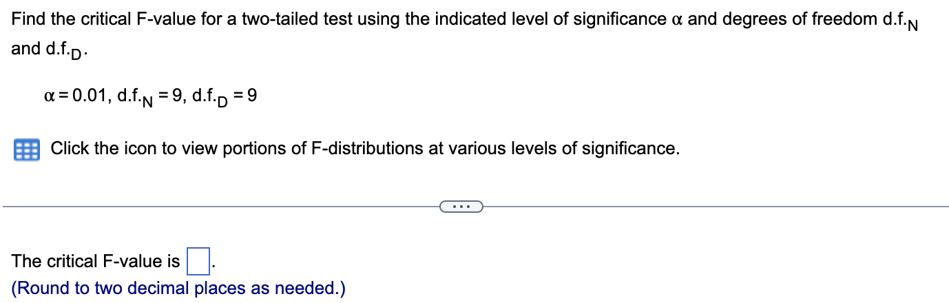 Solved Find the critical F-value for a two-tailed test using | Chegg.com