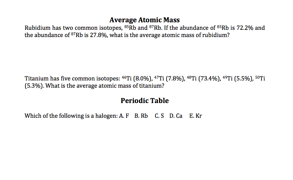 Solved Rubidium has two common isotopes, 85Rb and 87Rb. If | Chegg.com