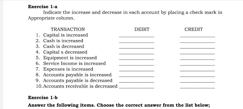 Solved Exercise 1-a Indicate the increase and decrease in | Chegg.com