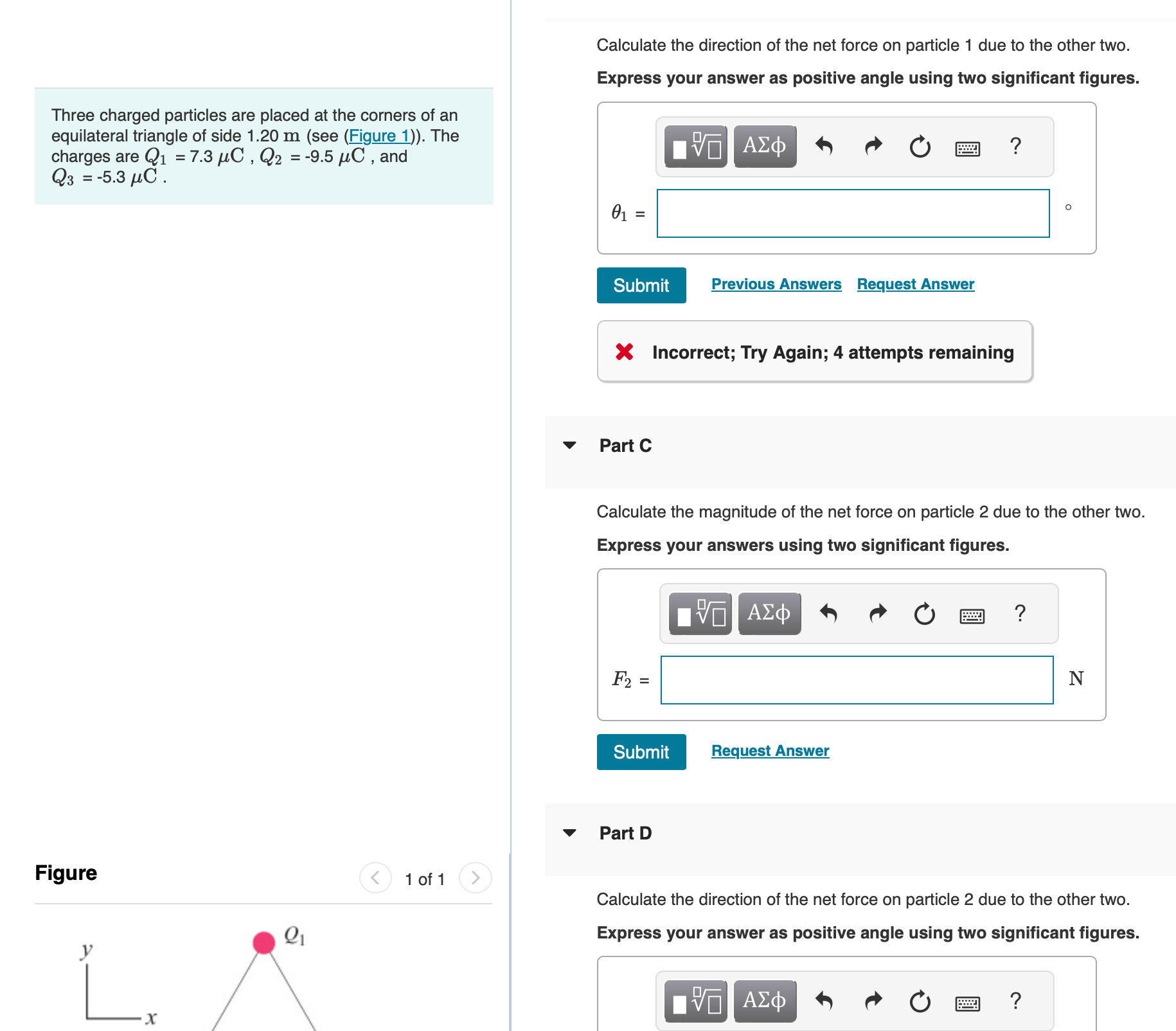 Solved Calculate the direction of the net force on particle | Chegg.com