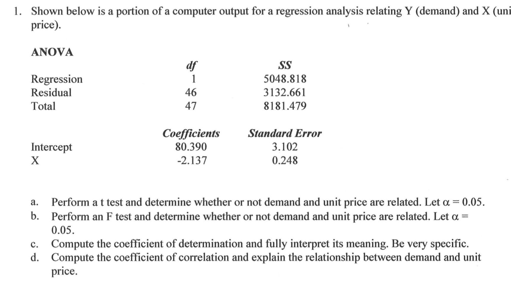 Solved 1. Shown below is a portion of a computer output for | Chegg.com