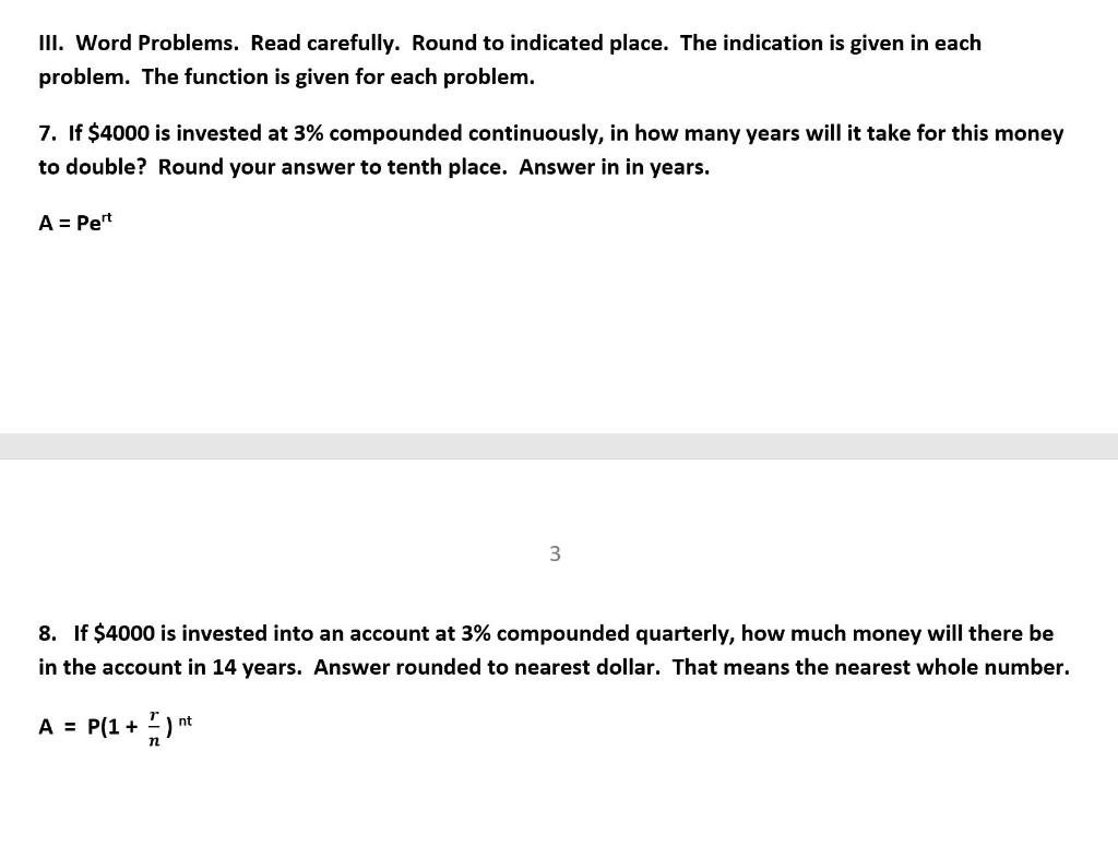 Solved III. Word Problems. Read carefully. Round to | Chegg.com