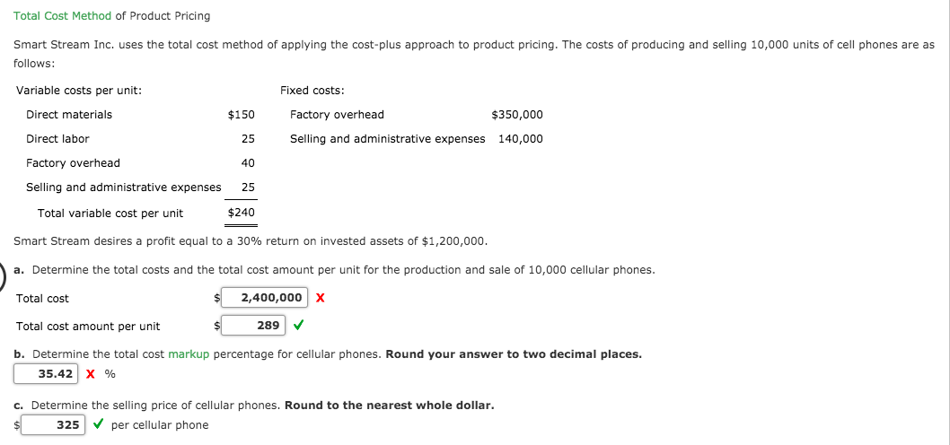 Solved Total Cost Method of Product Pricing Smart Stream | Chegg.com