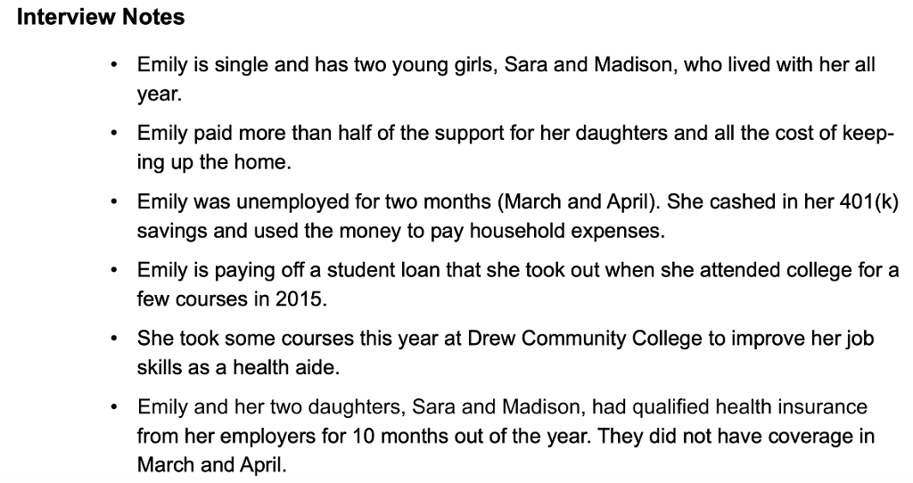 Solved Interview Notes .Emily is single and has two young | Chegg.com