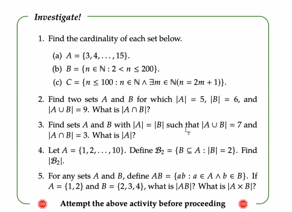 Solved Investigate! 1. Find the cardinality of each set | Chegg.com