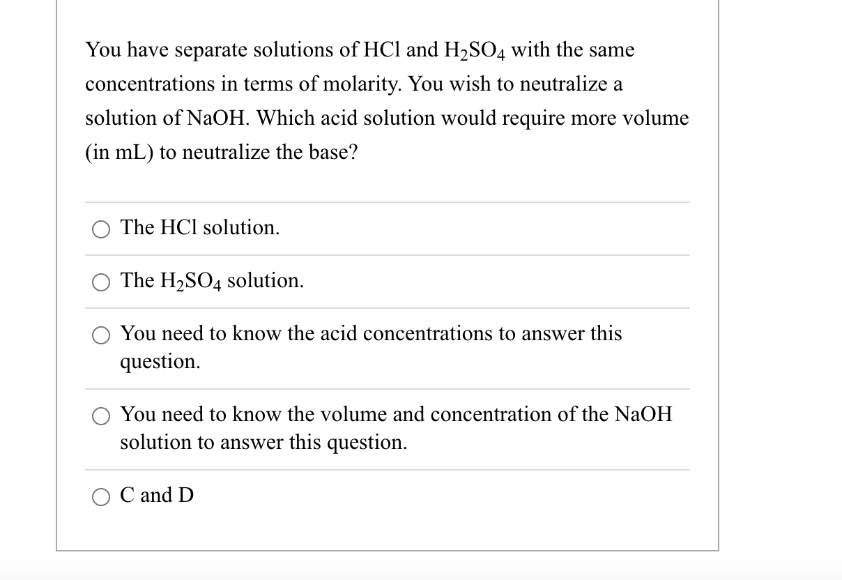 Solved You have separate solutions of HCl and H2SO4 with the | Chegg.com