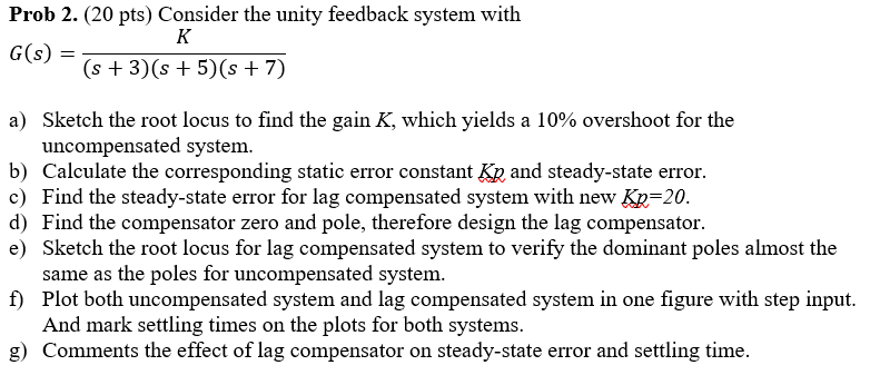 Prob 2. (20 pts) Consider the unity feedback system | Chegg.com