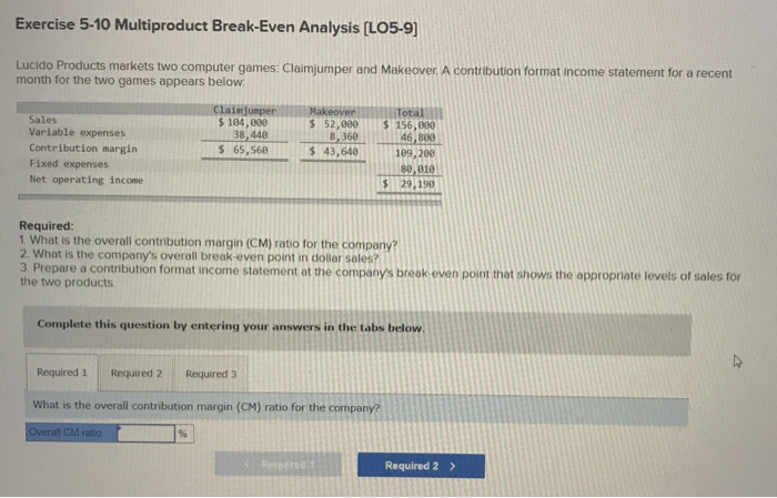 Solved Exercise 5-10 Multiproduct Break-Even Analysis [LO5-9 | Chegg.com