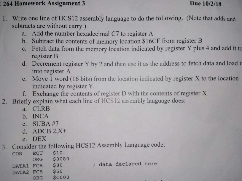 Solved 264 Homework Assignment3 Due 10/2/18 Write one line | Chegg.com