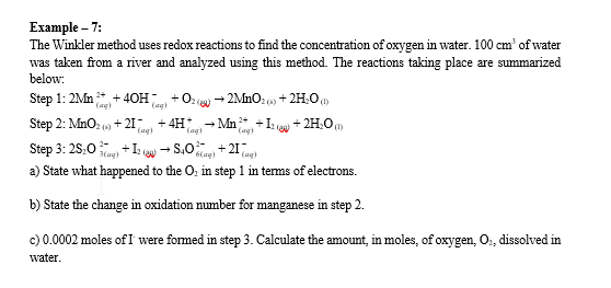 Solved Example 7 The Winkler Method Uses Redox Reactions