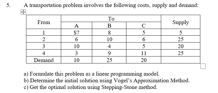Solved 5. A transportation problem involves the following | Chegg.com