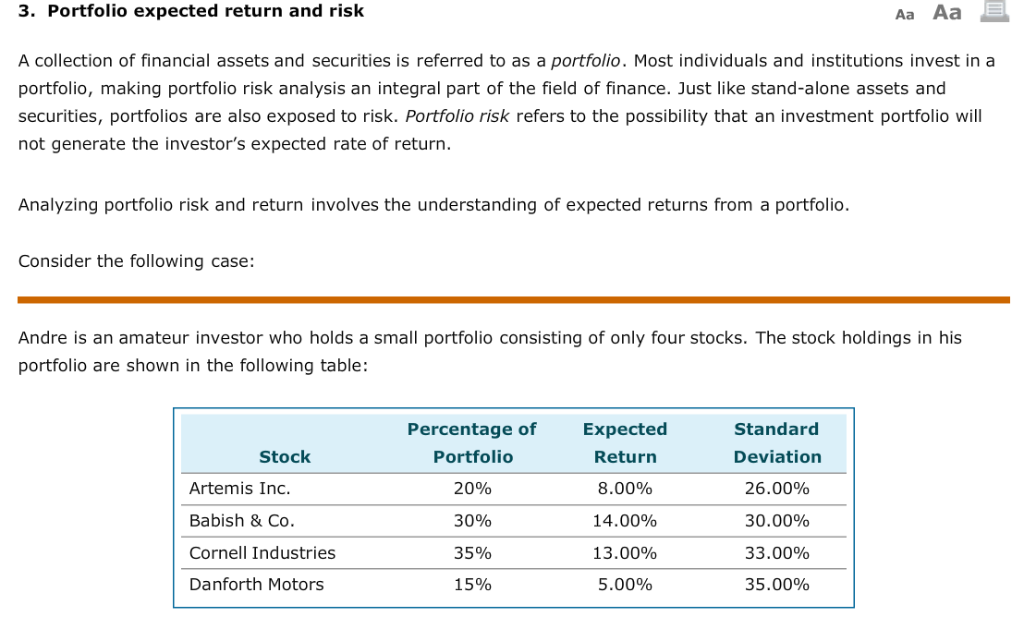 Solved 3. Portfolio expected return and risk Aa Aa A | Chegg.com