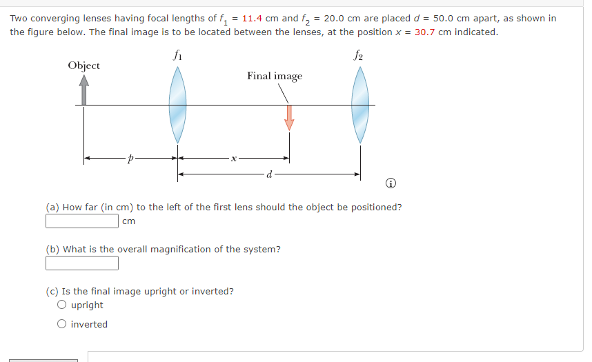 Solved Two converging lenses having focal lengths of f1=11.4 | Chegg.com Solved Two converging lenses having focal lengths of f1=11.4 | Chegg.com