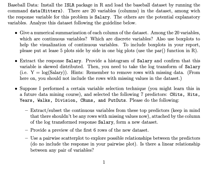 Baseball Data Install The Islr Package In R And Load