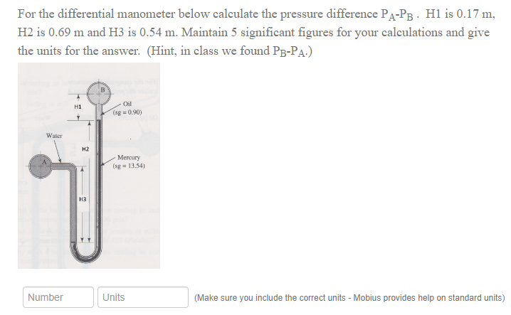 Solved For the differential manometer below calculate the | Chegg.com