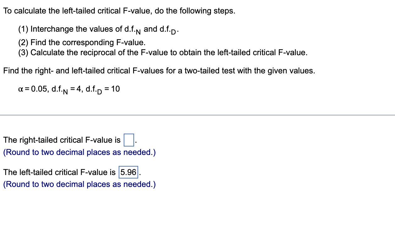 Solved To calculate the left-tailed critical F-value, do the | Chegg.com