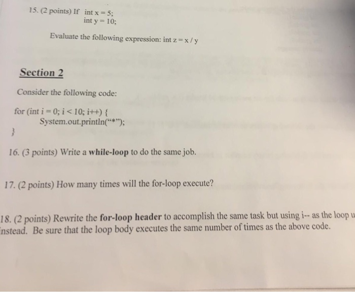 Solved 15. (2 points) If int x = 5; int y 10; Evaluate the | Chegg.com