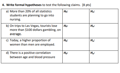 Solved 4. Write formal hypotheses to test the following | Chegg.com