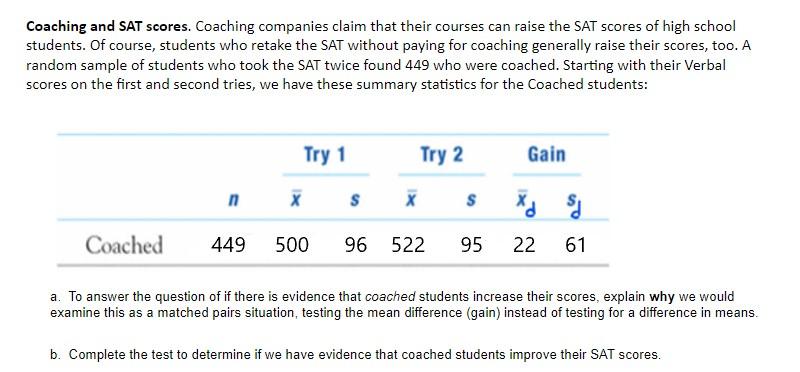 Solved Coaching and SAT scores. Coaching companies claim | Chegg.com Solved Coaching and SAT scores. Coaching companies claim | Chegg.com