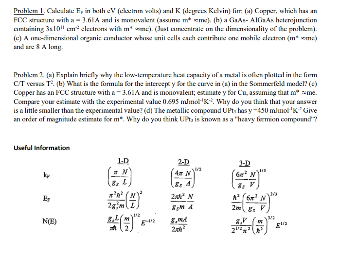 Solved Problem 1. Calculate EF in both eV (electron volts) | Chegg.com