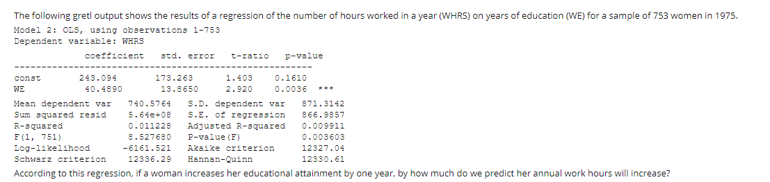 Solved The following gretl output shows the results of a | Chegg.com
